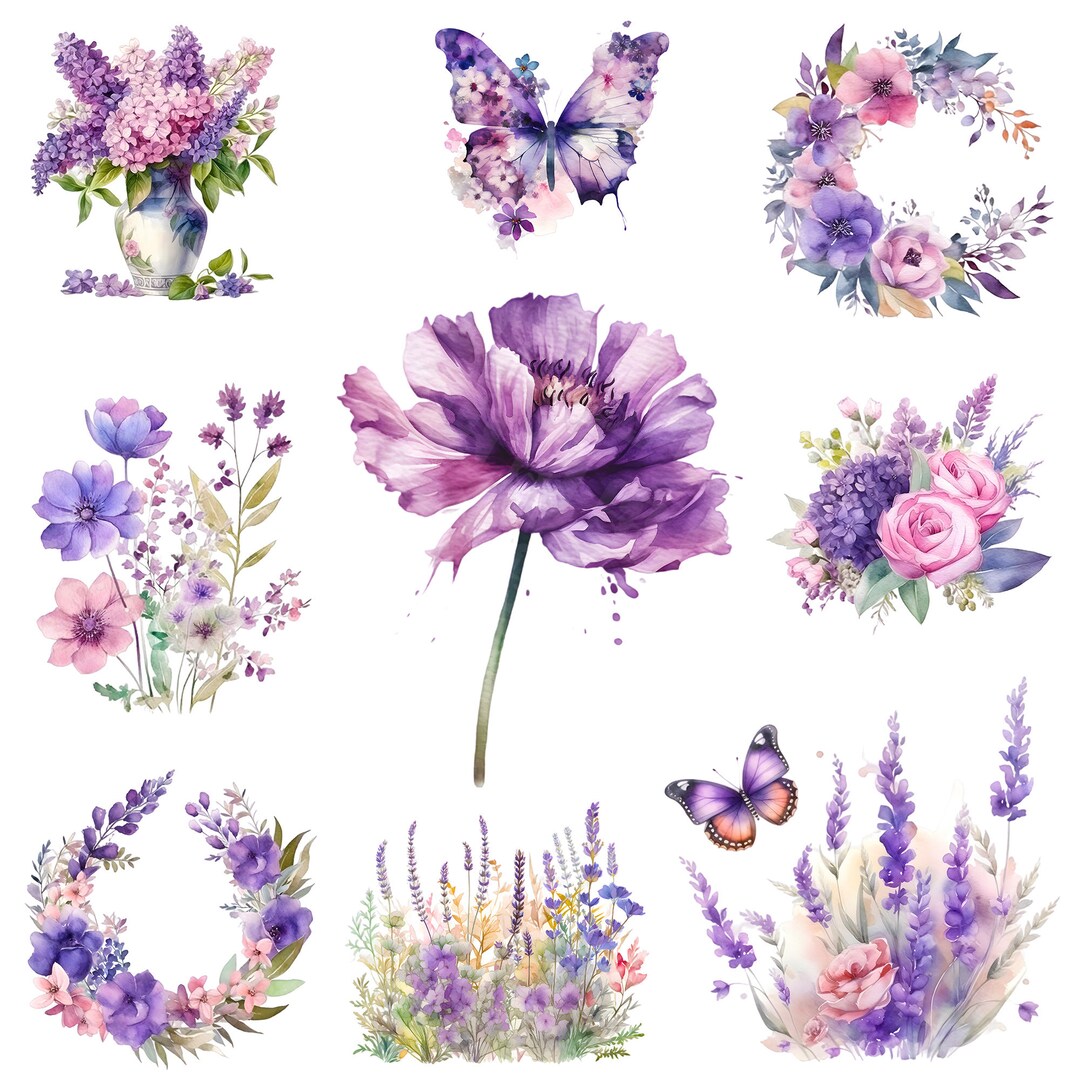 Purple Plum and Lavender Colors Flowers Clipart 28 Jpg - Watercolor ...