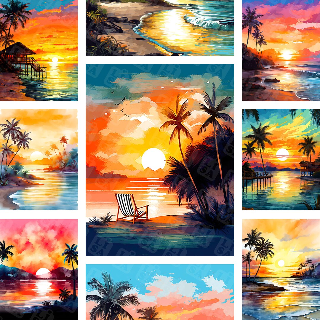 Sunset Tropical Islands Digital Paper - Summer Vibes, Sunset Beach ...