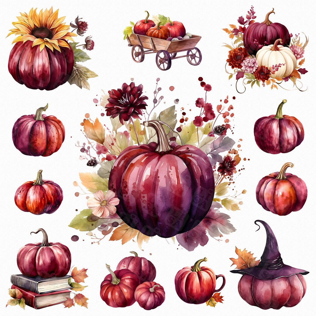 Watercolor Pumpkin Clipart Burgundy Png - Pumpkin Clipart - Digital ...