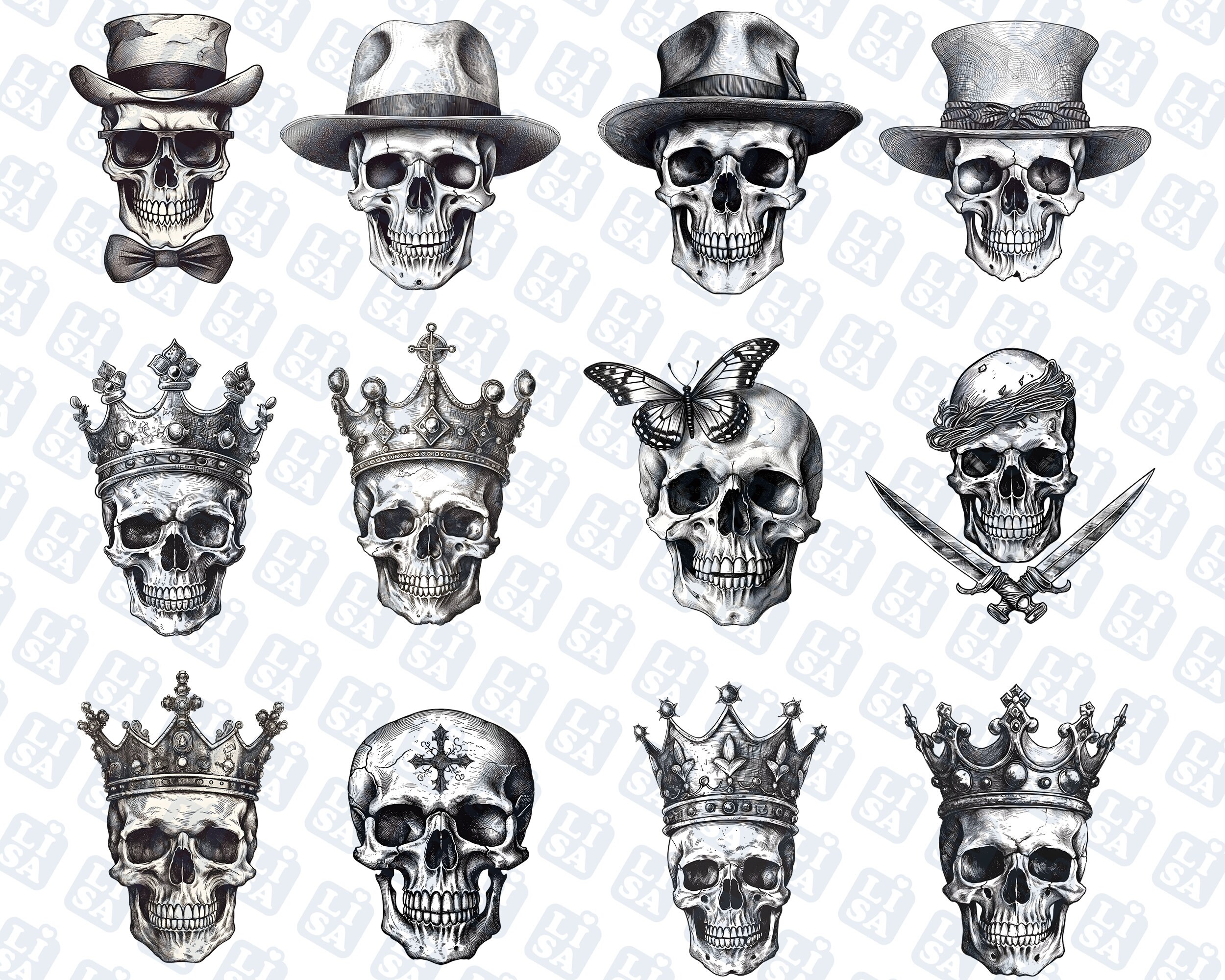 12 Vintage Skull Clip Art Antique Skull With Hat Crown - Etsy