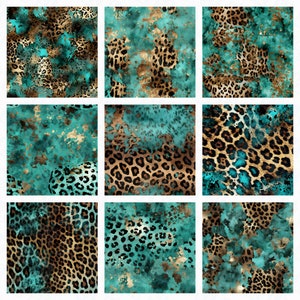 21 Cowhide Leopard Turquoise Digital Paper - Cowgirl Western Background ...