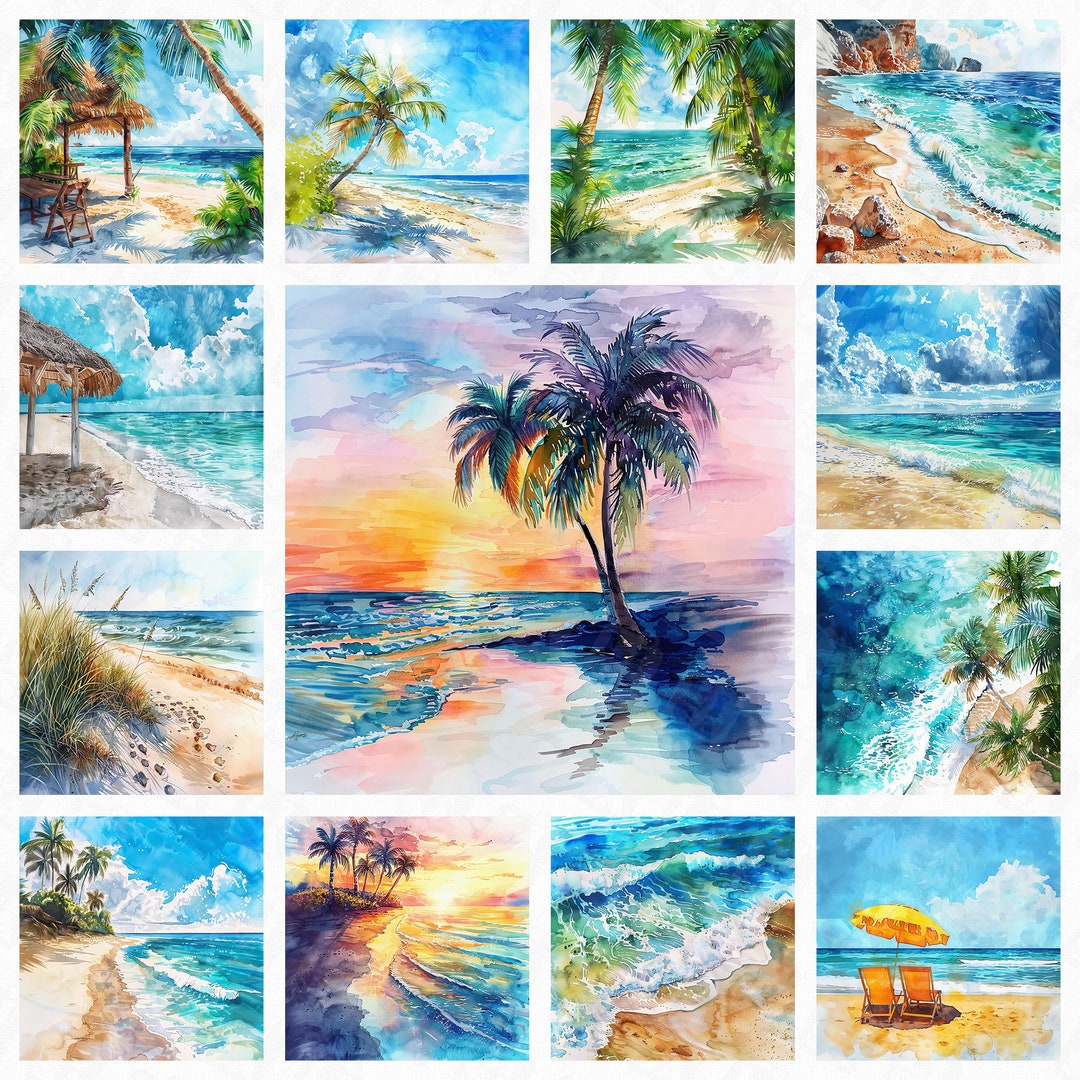 101 Watercolor Beach Digital Paper - Sunny Beach Background Designs ...