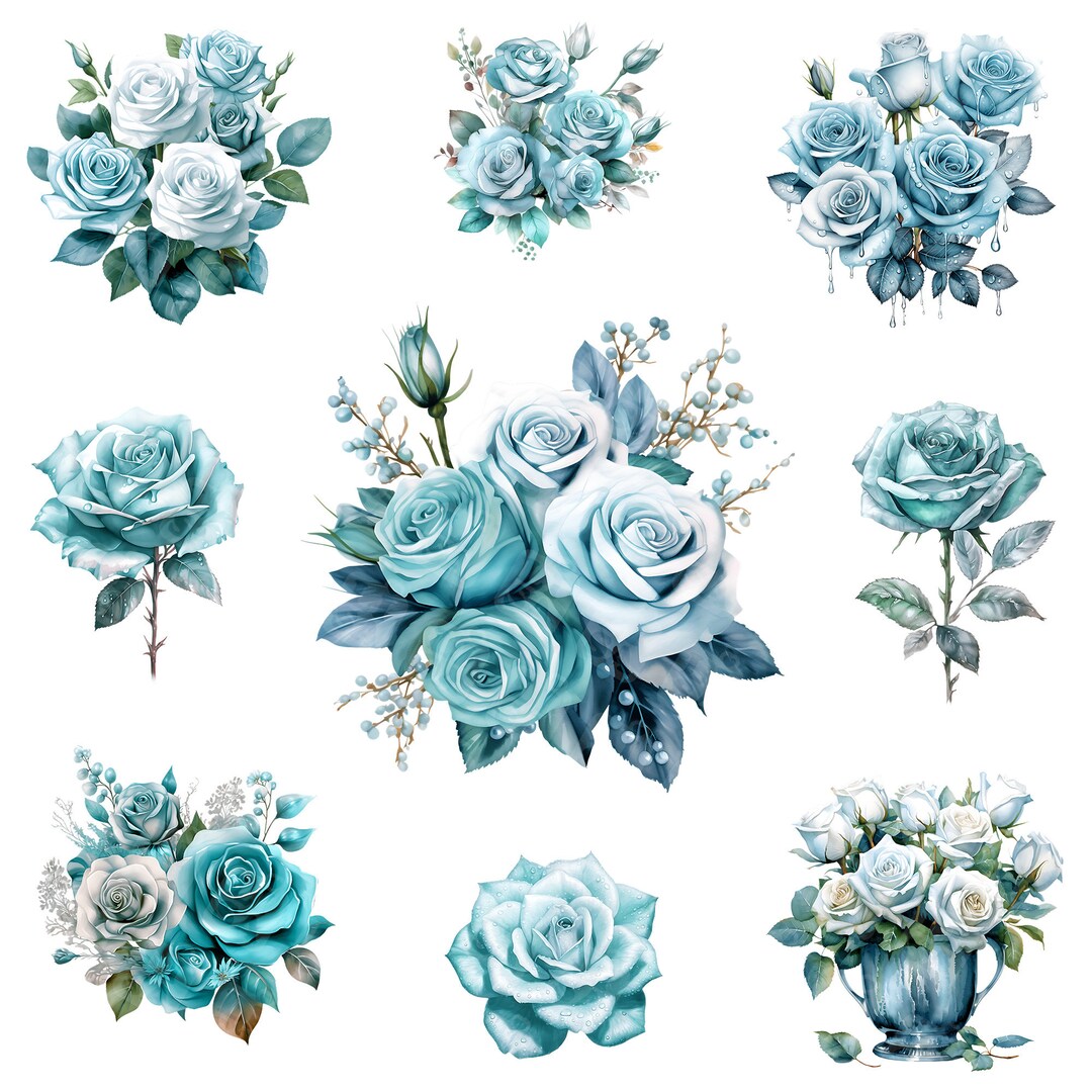 Watercolor Aqua Roses Clipart - Turquoise Flower - Watercolor Wedding ...