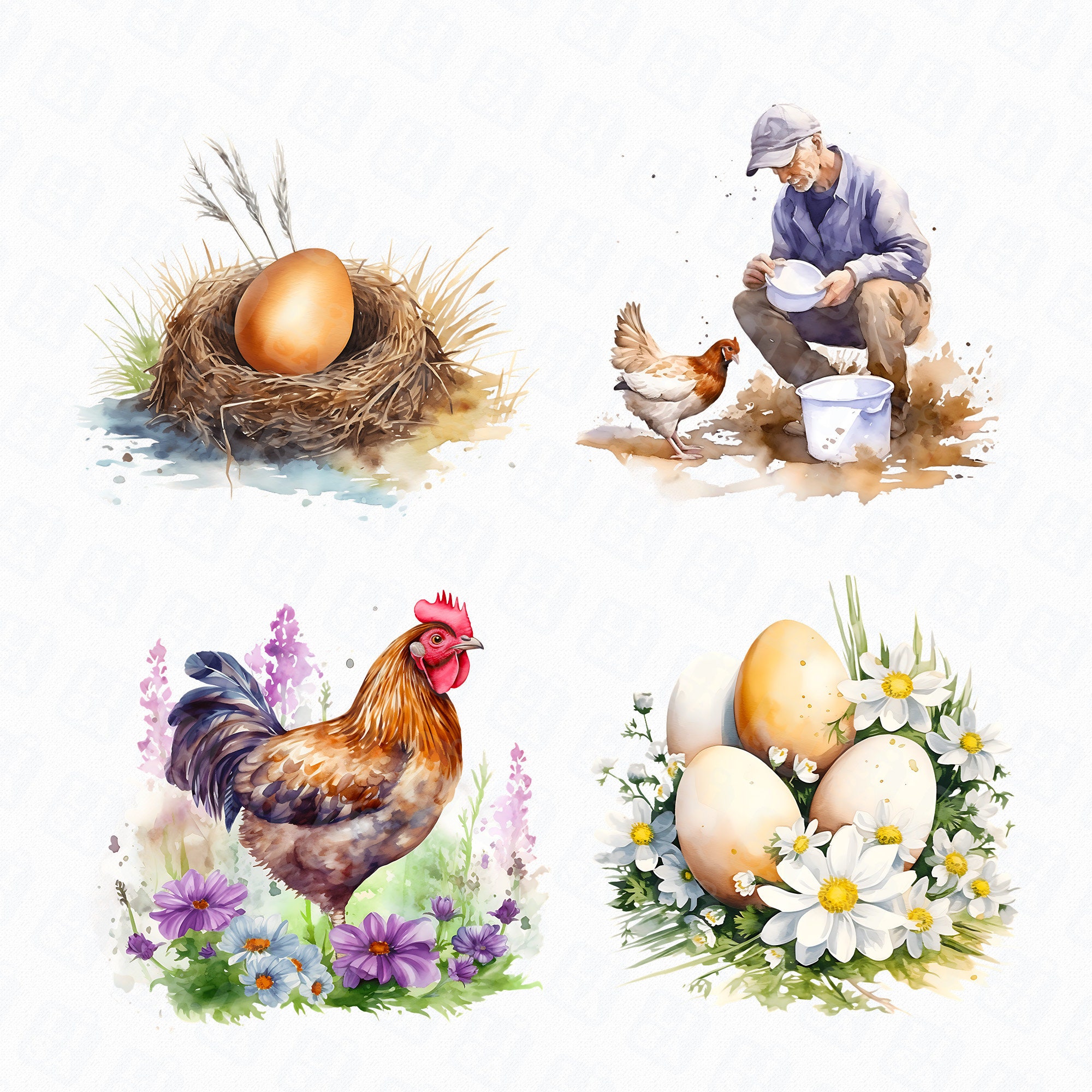 Watercolor Chicken Farm Png Rooster Clipart Farm Animals - Etsy
