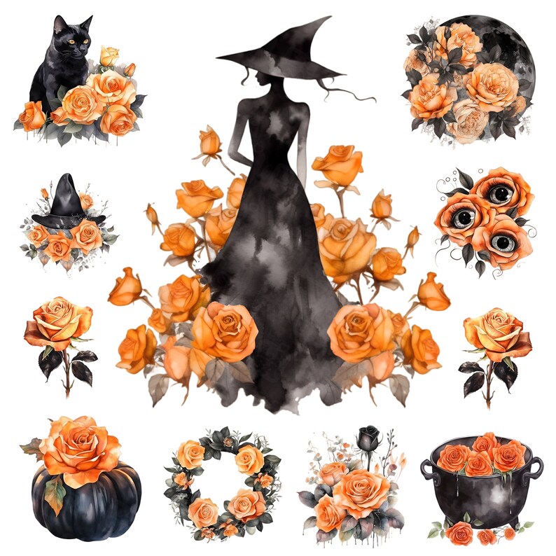 Watercolor Halloween Roses Png Watercolor Orange and Black - Etsy