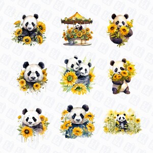 Watercolor Panda With Sunflowers Png - Cute Panda With Flowers Clipart ...