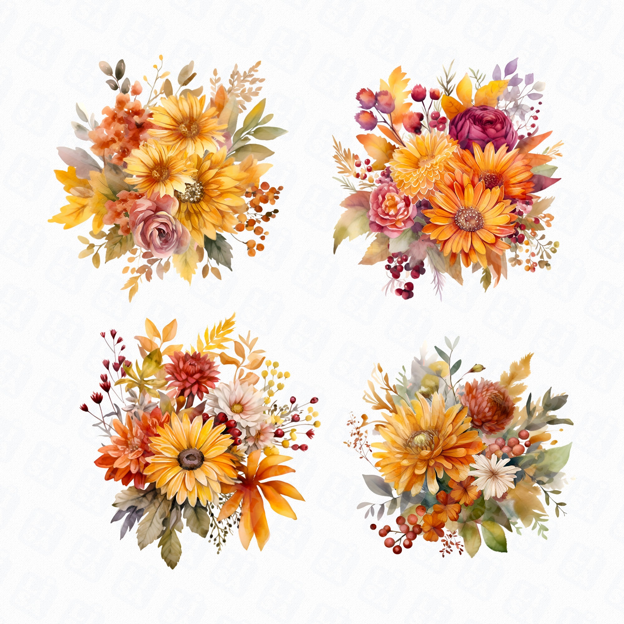 Watercolor Autumn Flowers Bouquet Png Fall Floral Clipart - Etsy
