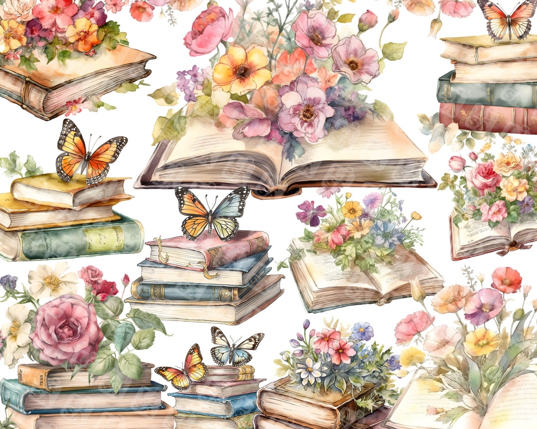 21 Watercolor Antique Old Books - Watercolor Floral and Butterflies ...