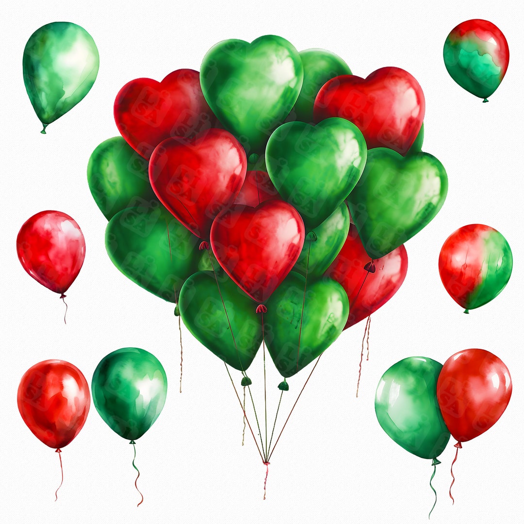 Watercolor Red and Green Balloon Png Christmas Balloons Clipart Digital ...