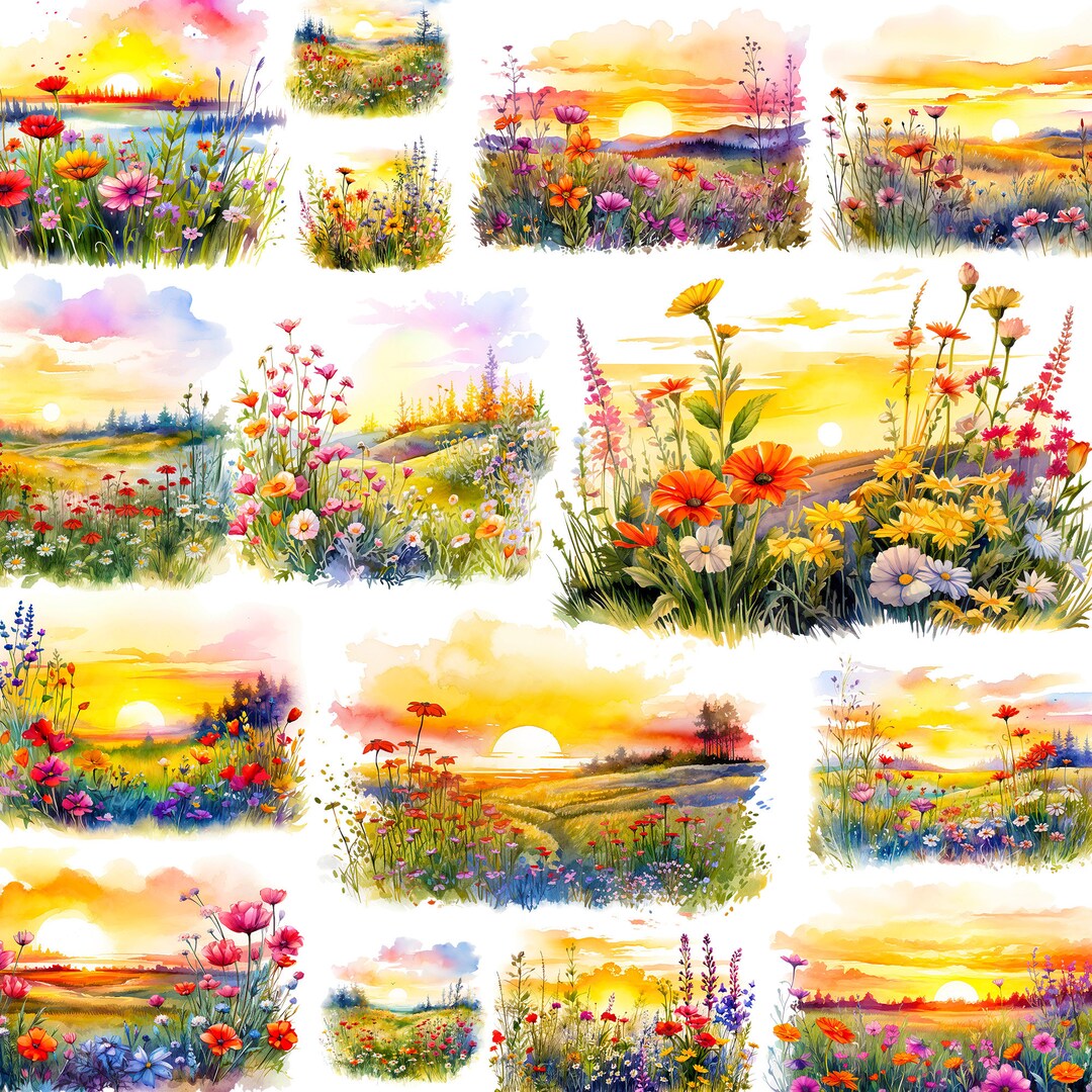 Watercolor Spring Wildflower Meadow PNG Clipart Set - Sunlit Meadow ...