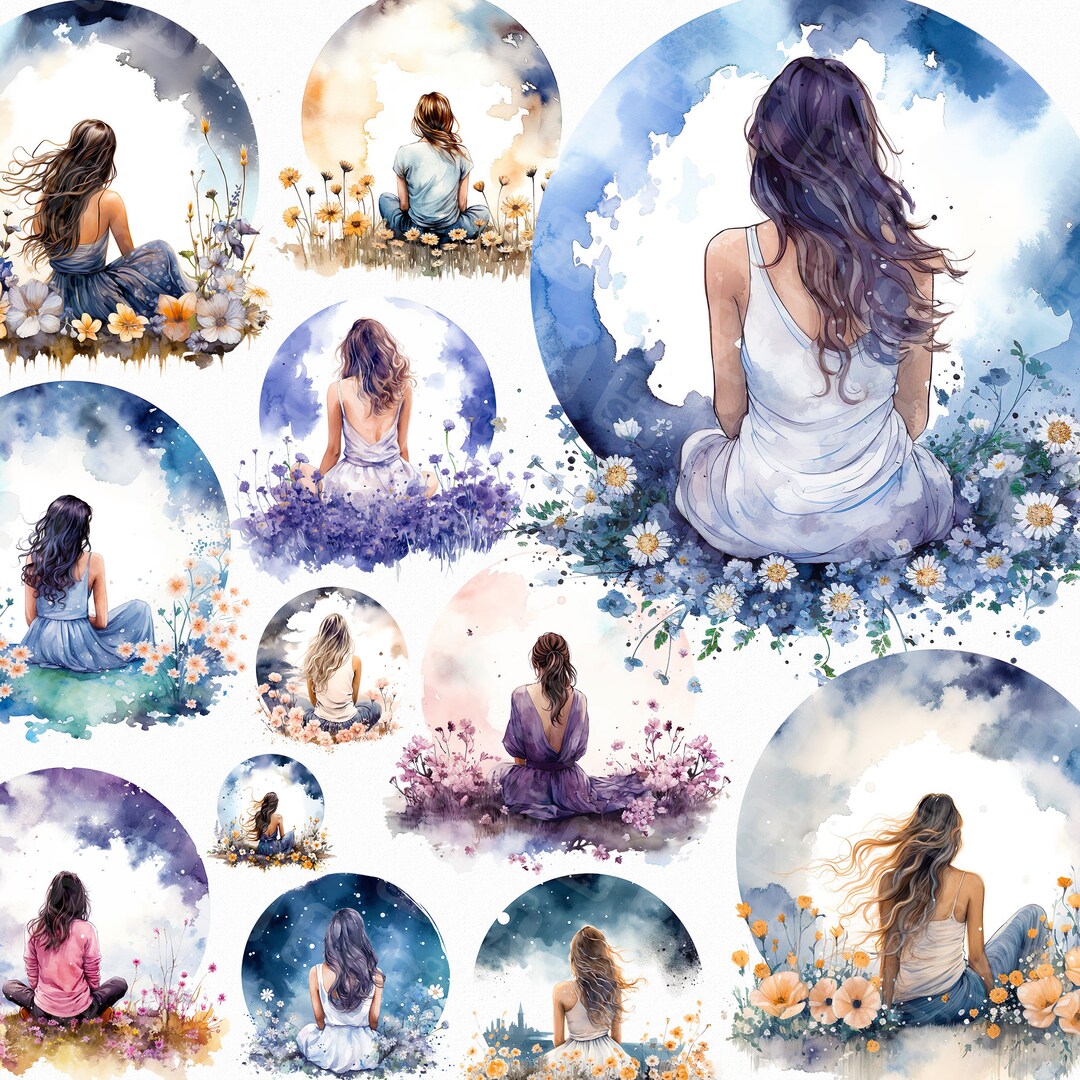 Watercolor Floral Woman and Moon PNG Clipart - Back Girl Sitting and ...
