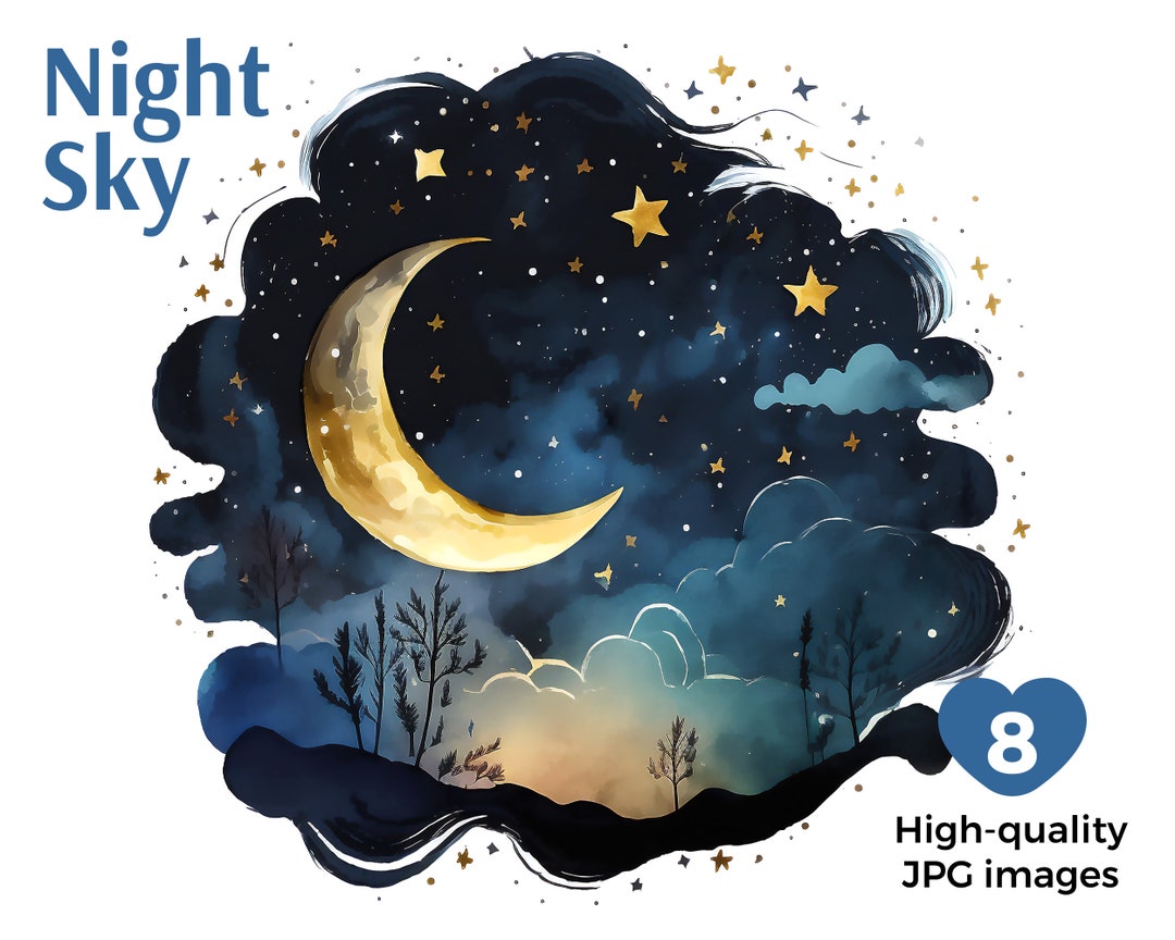 Watercolor Magical Night Sky Clipart, 8 High Quality Jpgs, Night Sky Wall Art, Card Making ...