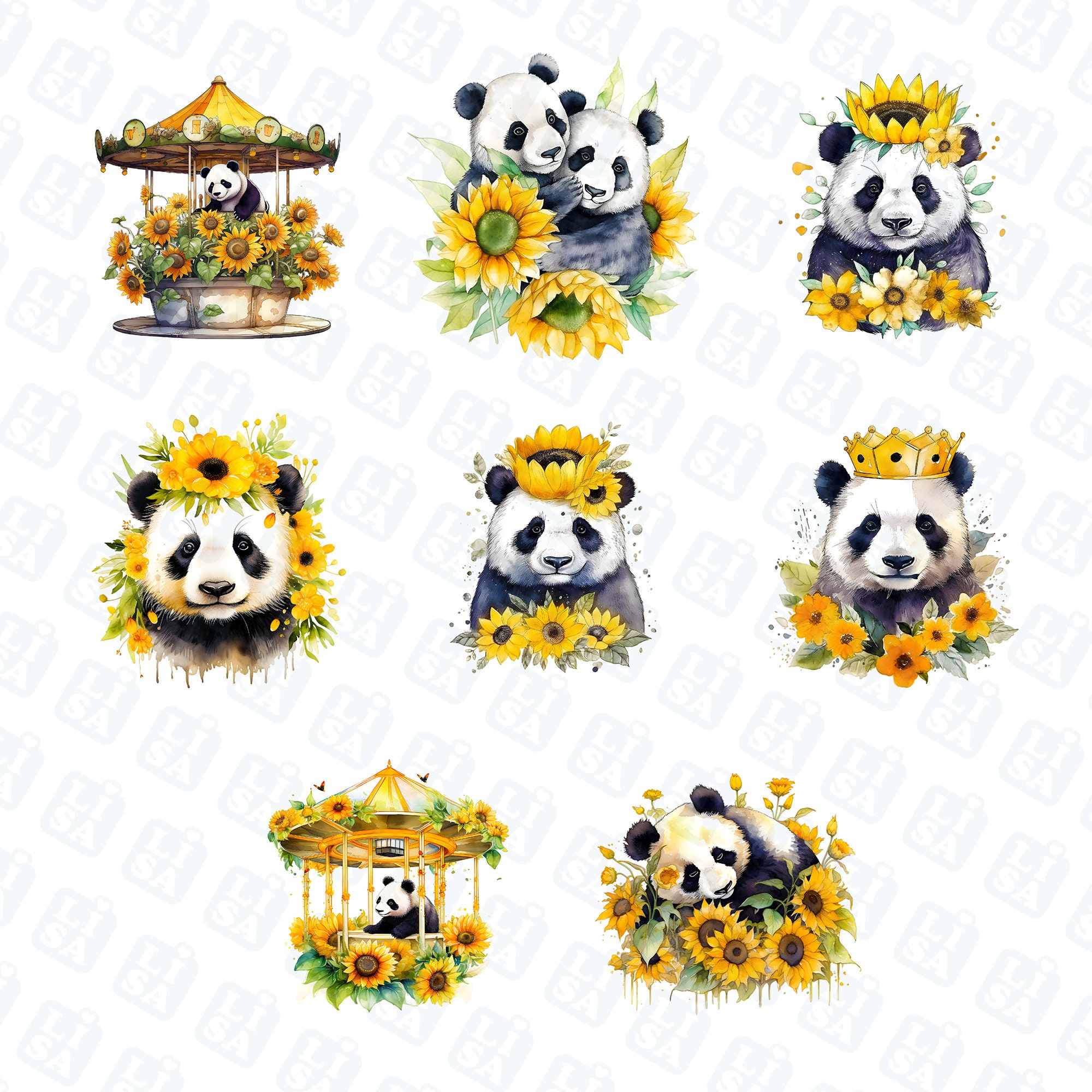 Watercolor Panda and Sunflowers Clipart 17 Jpg Panda and - Etsy