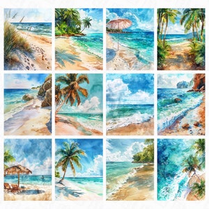 85 Watercolor Beach Digital Paper - Sunny Beach Background Designs ...