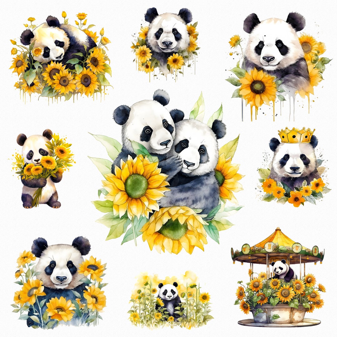 Watercolor Panda With Sunflowers Png - Cute Panda With Flowers Clipart ...