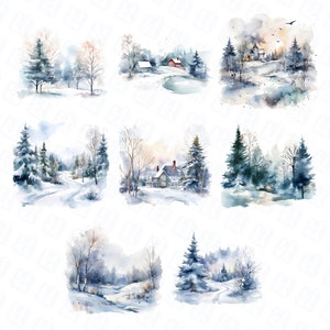 26 Watercolor Winter Landscape Clipart - Winter Wonderland Printable ...