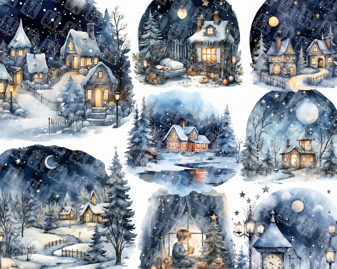 29 Watercolor Christmas Night Png. Watercolor Winter Night Clipart ...