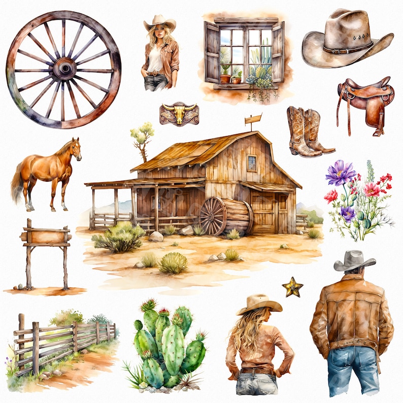 Watercolor Western Ranch Png Wild West Cowboy Cowgirl - Etsy