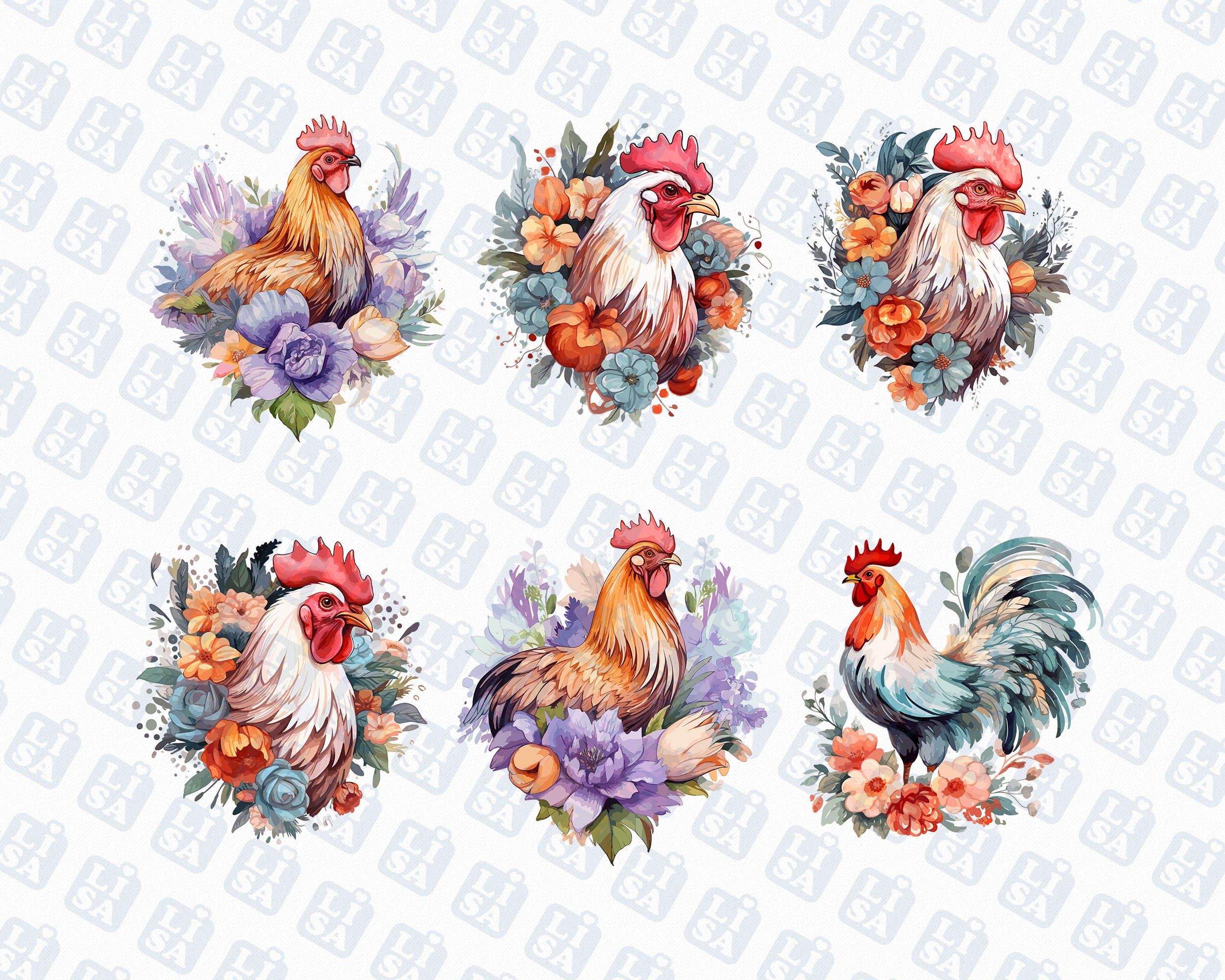 13 Watercolor Floral Chicken Png. Farm Animals Sublimation - Etsy