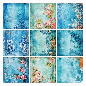 62 Blue Shabby Chic Rose Digital Paper - Vintage Blue Printable Paper ...