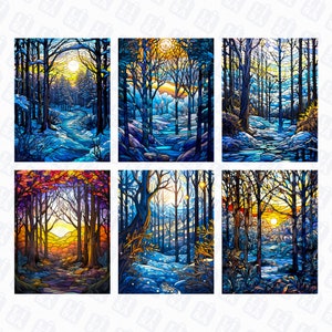 Winter Forest Stained Glass Digital Paper - Forest Landscape, Snowy ...