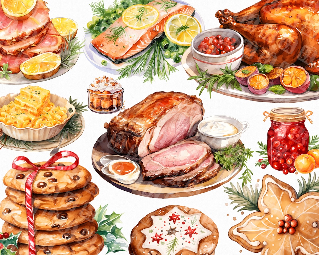 48 Watercolor Christmas Dinner Png. Christmas Food Turkey Clipart ...