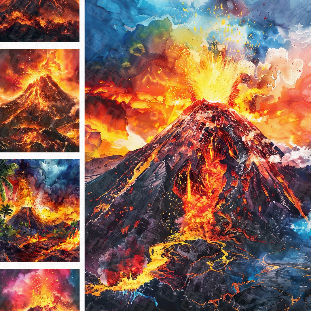 52 Watercolor Volcano Digital Paper Pack - Volcano Background Designs ...
