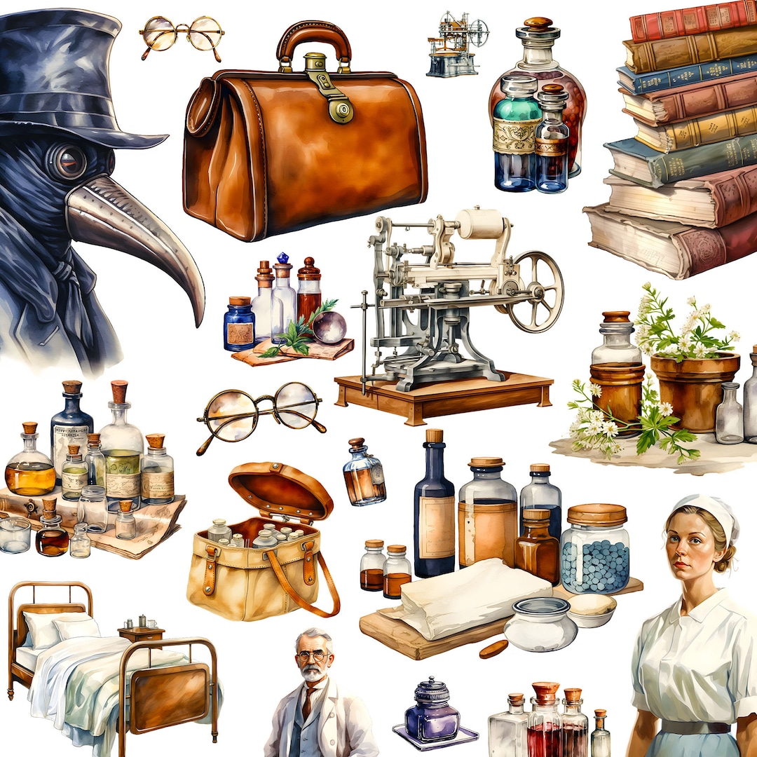 Watercolor Vintage Medicine Clipart, Medical Clipart, Antique Medical, Vintage Nurse, Medical ...