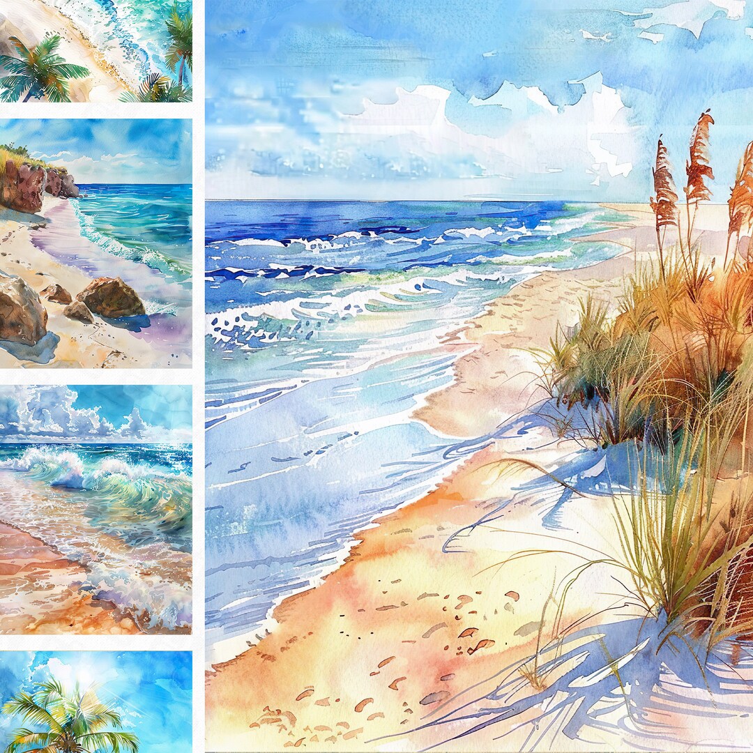 85 Watercolor Beach Digital Paper - Sunny Beach Background Designs ...