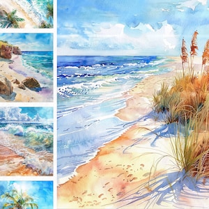 85 Watercolor Beach Digital Paper - Sunny Beach Background Designs ...