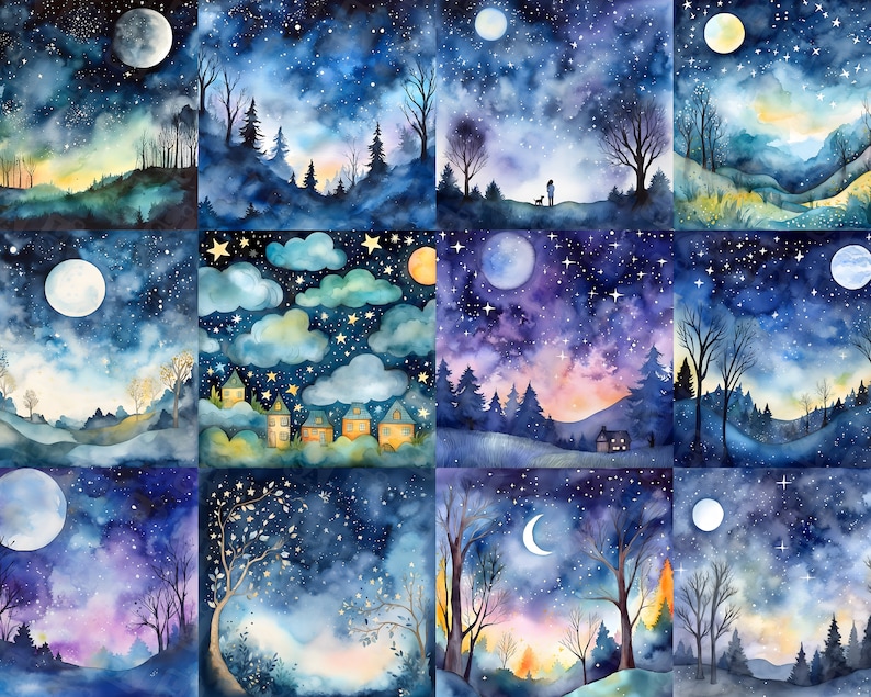 13 Watercolor Magical Night Sky Digital Background Starry - Etsy