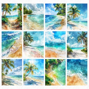 85 Watercolor Beach Digital Paper - Sunny Beach Background Designs ...