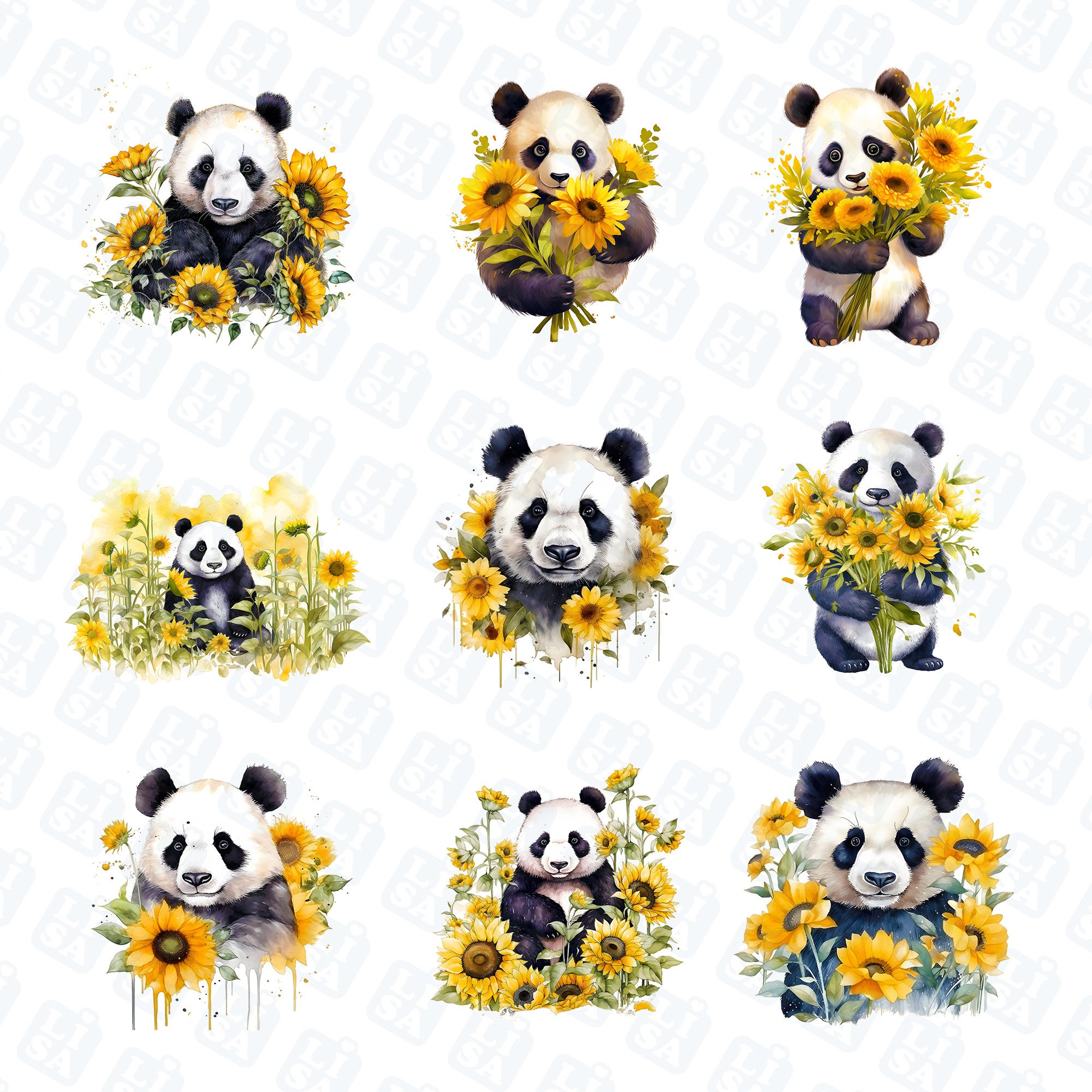 Watercolor Panda and Sunflowers Clipart 17 Jpg Panda and - Etsy