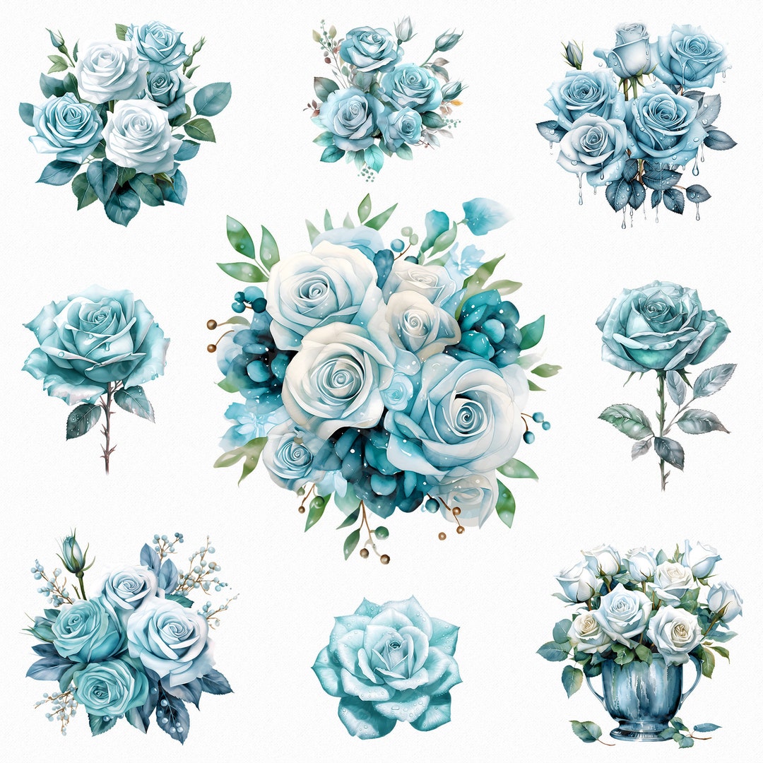Watercolor Aqua Roses Png - Turquoise Flower - Bouquet Clipart - Flower ...