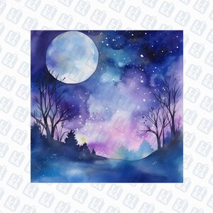 13 Watercolor Magical Night Sky Digital Background - Starry Night Moon ...