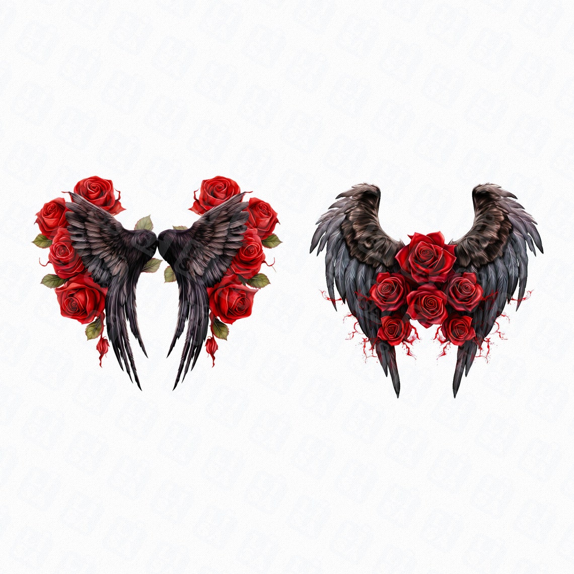Watercolor Black Wings Png Gold Wings Png Red Roses Wings - Etsy