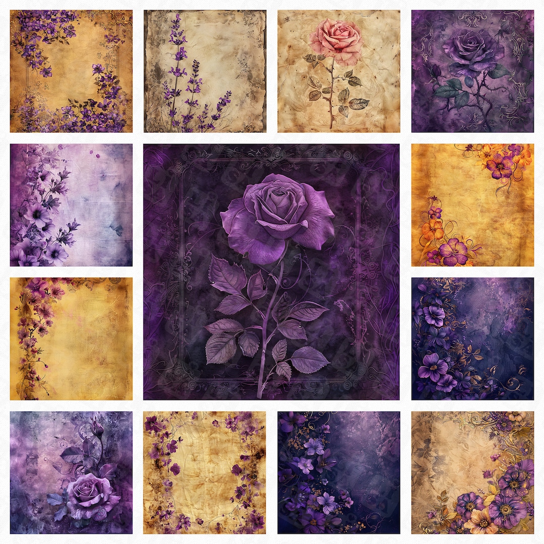 71 Printable Purple Flowers Digital Papers, Distressed Purple Roses ...