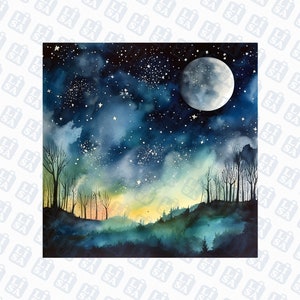 13 Watercolor Magical Night Sky Digital Background - Starry Night Moon ...