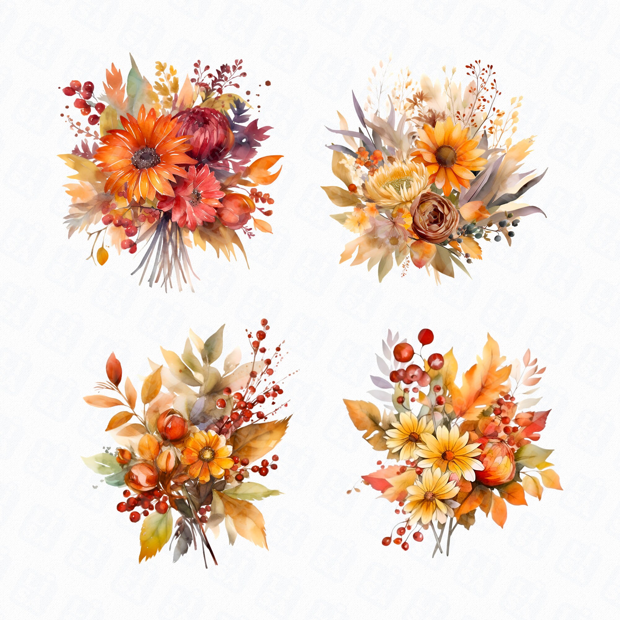 Watercolor Autumn Flowers Bouquet Png Fall Floral Clipart - Etsy