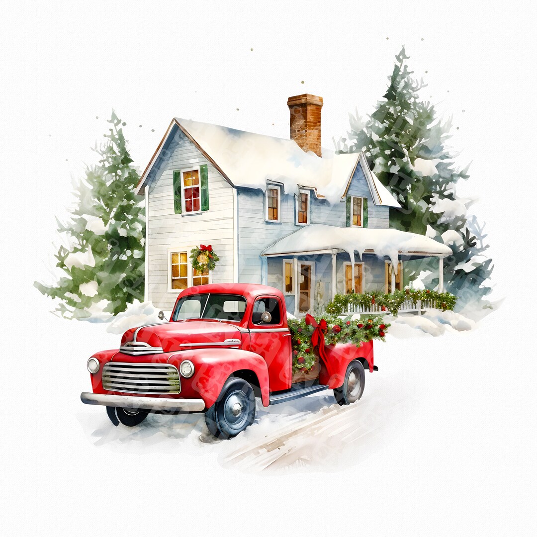 Watercolor Christmas House and Red Truck Png - Christmas Village Png ...