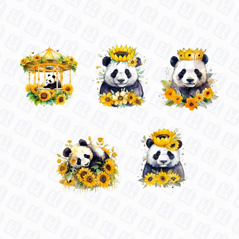 Watercolor Panda With Sunflowers Png Cute Panda With Flowers - Etsy