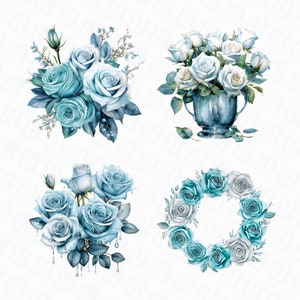 Watercolor Aqua Roses Png - Turquoise Flower - Bouquet Clipart - Flower ...