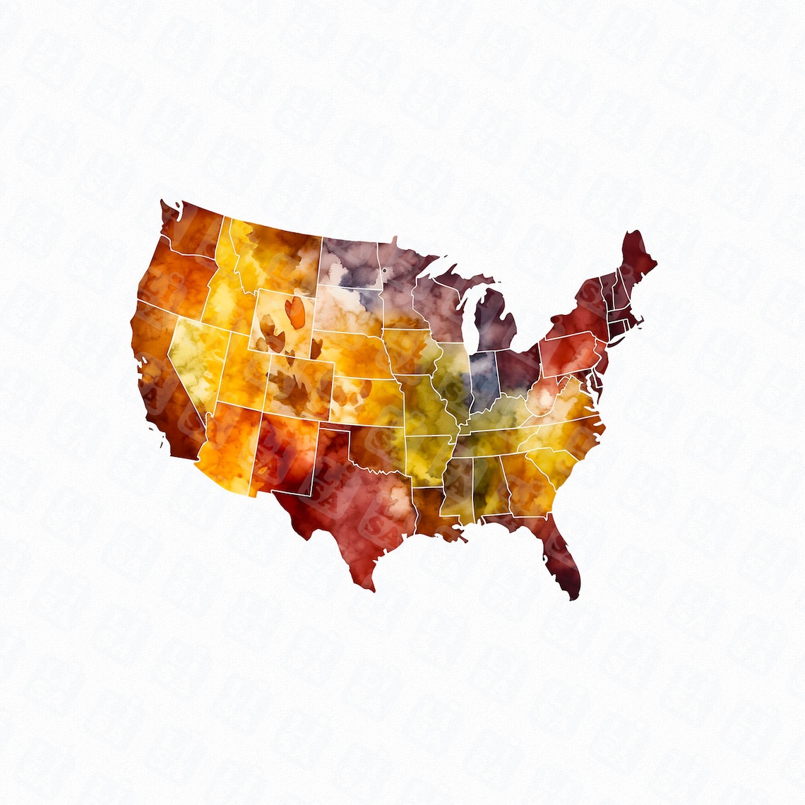 Watercolor Autumn USA Map Png United States Map Watercolor - Etsy