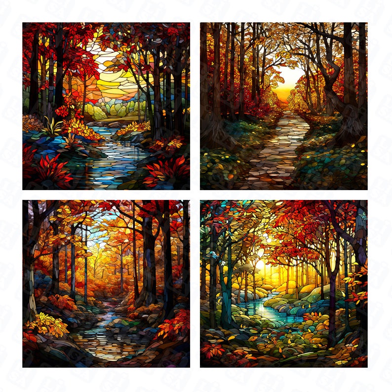 Autumn Forest Stained Glass Digital Paper - Digital Background, Forest ...