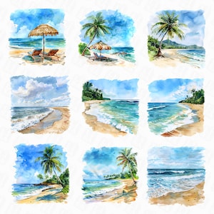 53 Watercolor Beach Clipart - Sunny Beach Png, Tropical Beach Designs ...