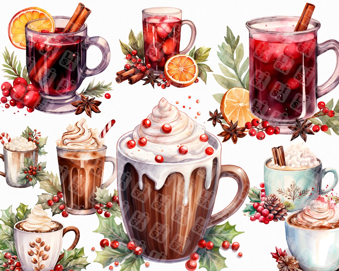 20 Watercolor Christmas Hot Chocolate, Eggnog, Mulled Wine, Hot Cocoa ...