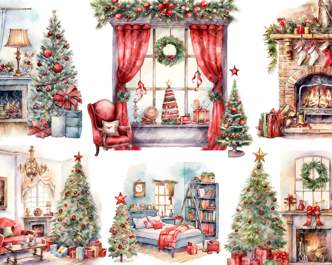19 Watercolor Christmas Interior - Cozy Christmas Rooms With ...