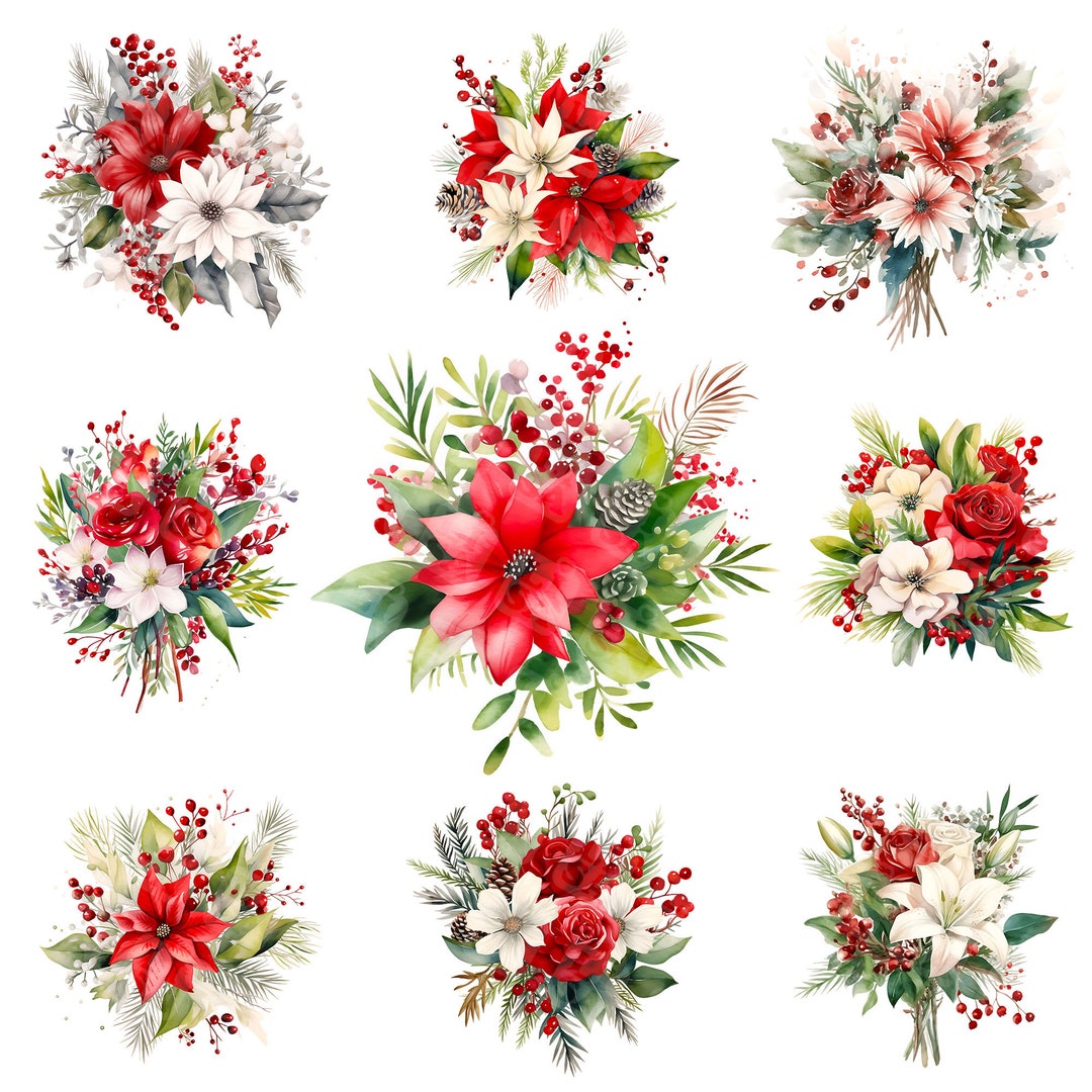 Watercolor Christmas Flowers Clipart - Christmas Bouquets - Card Making ...