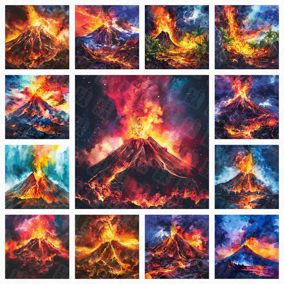 47 Watercolor Volcano Digital Paper Pack Volcano Background Designs, Volcano Printable 10x10 ...