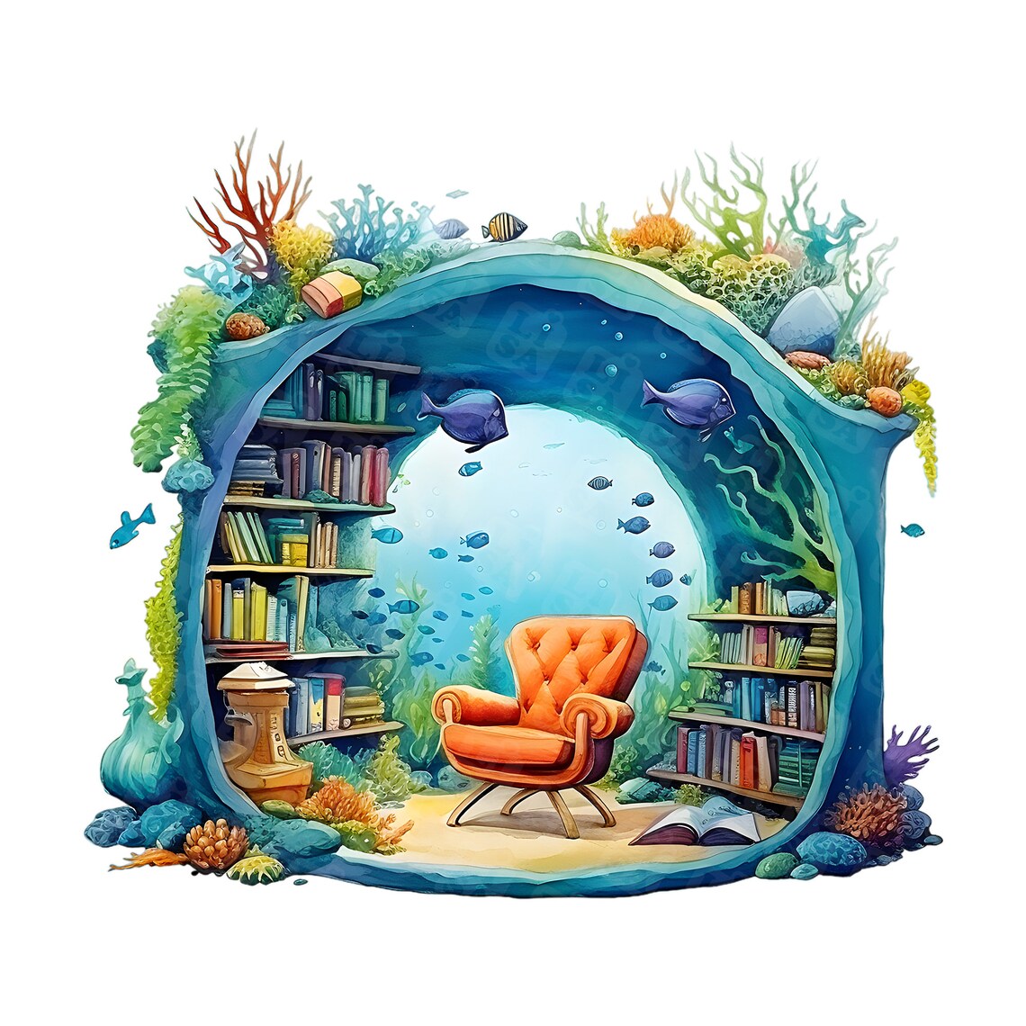 Watercolor Underwater Book Nook Clipart 24 Jpg Fantasy Book - Etsy